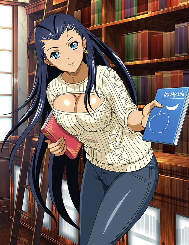 The Big ImageBoard (TBIB) - 1girl antenna hair black hair blue eyes bookshelf breasts cleavage ...